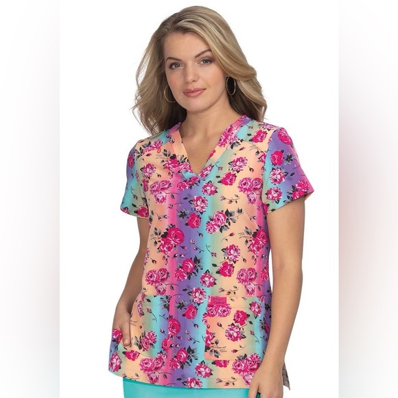 Betsey Johnson | Tops | Betsey Johnson Roses With Rainbow Gradient Background Scrub Top Medium ...